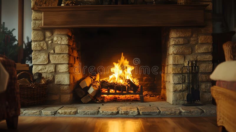 Warm Glowing Embers in a Rustic Stone Fireplace Stock Image - Image of ...