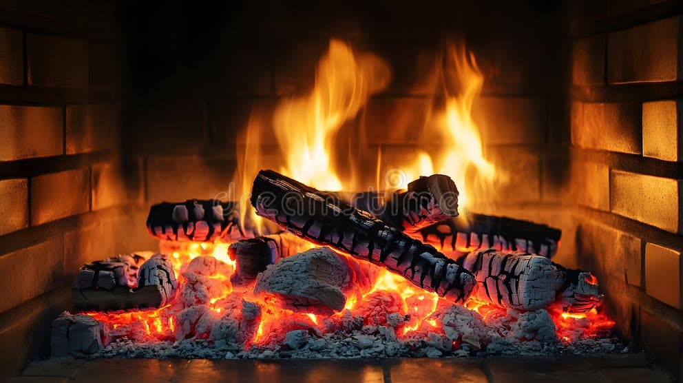 Warm Glowing Fireplace with Burning Logs and Embers Stock Illustration ...