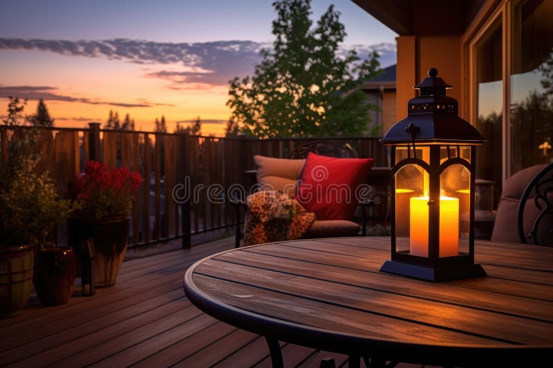 Warm, Glowing Lantern on an Outdoor Patio at Dusk Stock Illustration ...