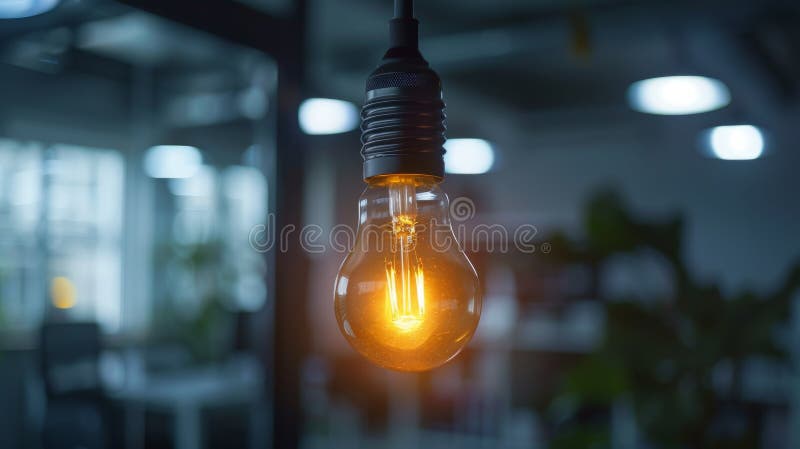 Dimly Lit Office with Glowing Bulb during Late Evening Work Hours Stock ...