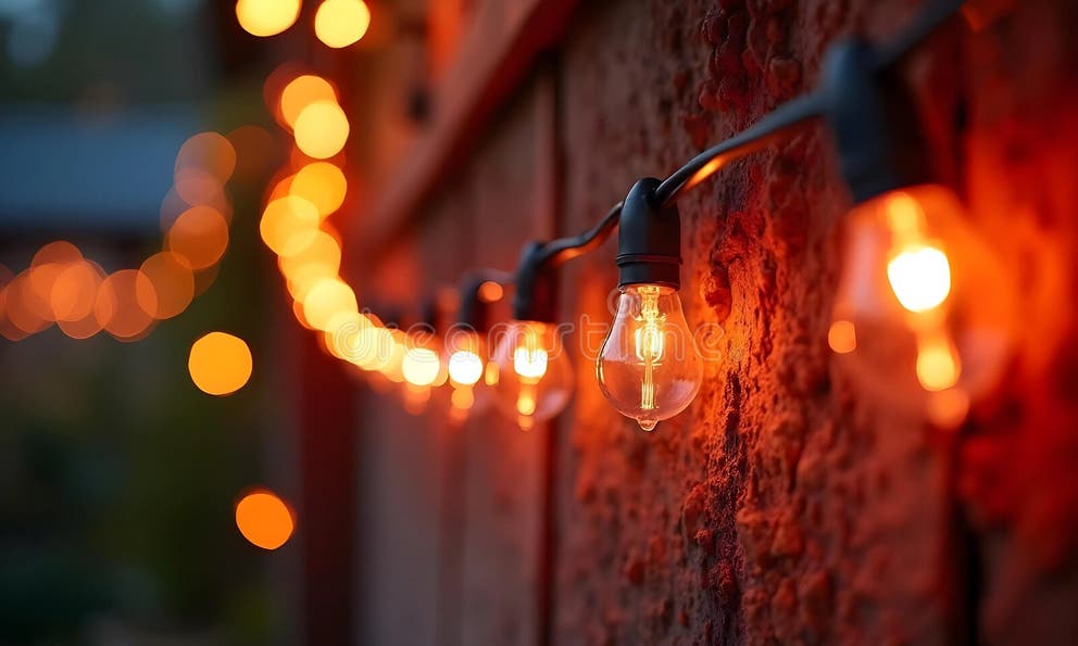 Warm Glowing String Lights on Red Brick Wall at Night Stock ...
