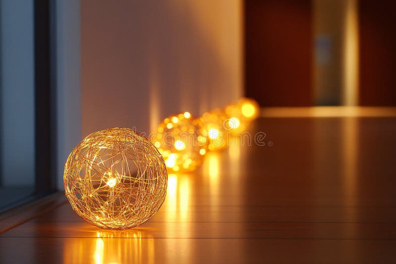 Warm Glowing Wire Sphere Lights Decor on Wooden High Quality Image ...