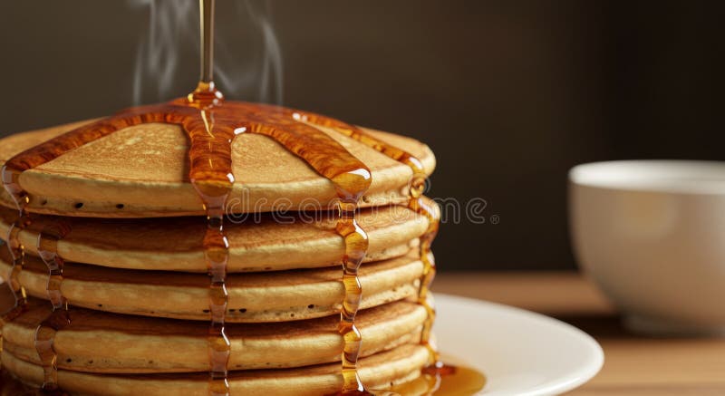 Warm Golden Brown Pancakes Stack with Maple Syrup Pouring Stock Illustration - Illustration of ...