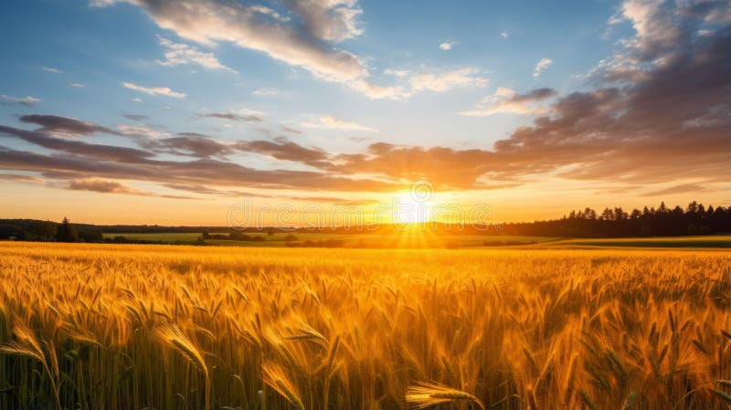 A Warm, Golden Hour Sunset Over a Field Stock Illustration ...