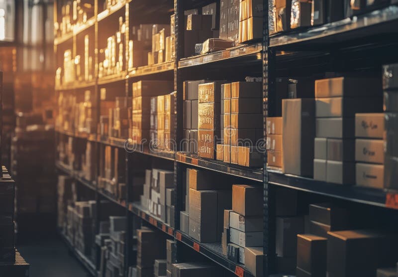 Warm Lit Warehouse Interior with Rows of Cardboard Boxes Stock ...