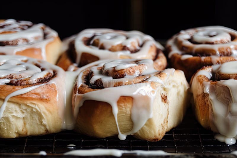 Warm, Gooey Cinnamon Buns with Icing Drizzle Stock Photo - Image of ...