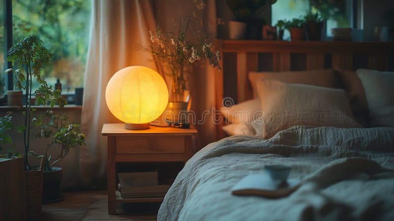 Warm Gradient Sphere Lamp in Cozy Bedroom. Perfect for Lifestyle and ...
