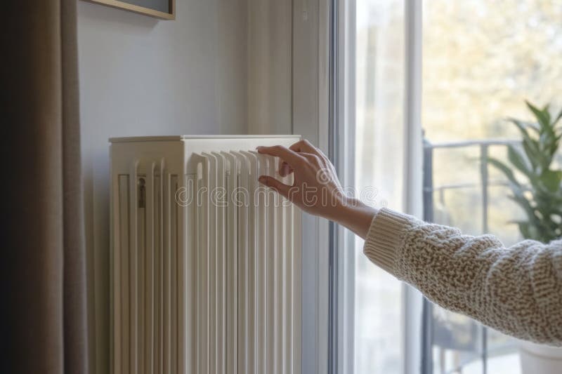 A Warm Hand Adjusts the Settings on a Stylish Radiator. the Cozy ...
