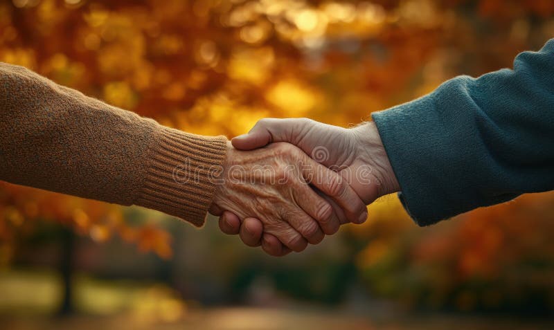 Warm Handshake between Elderly Individuals in Autumn Setting with ...