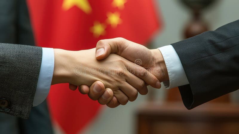 Warm Handshake and Smiles between Partners with Chinese Flag Background ...