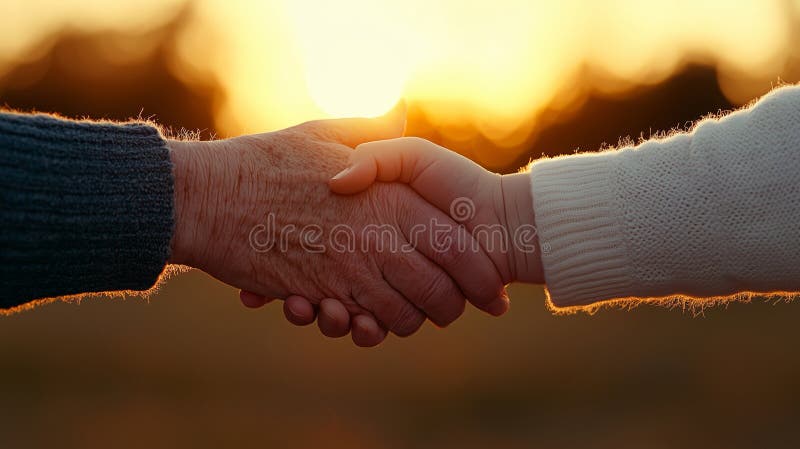 Warm Handshake between Two Generations at Sunset Stock Illustration ...
