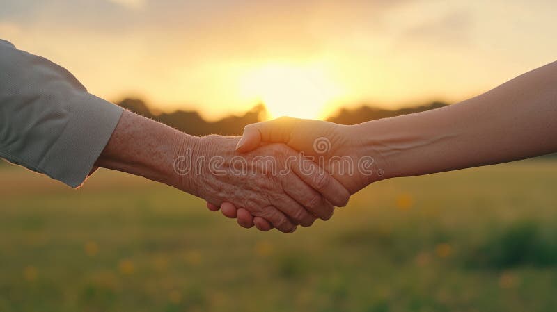 Warm Handshake between Two People at Sunset Symbolizes Connection and ...