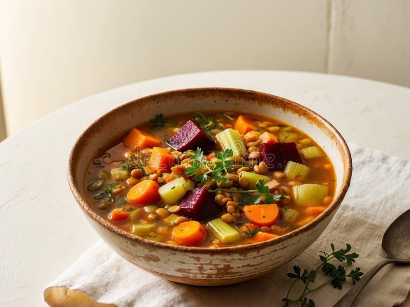 Warm and Hearty Vegetable and Lentil Soup in Rustic Bowl Stock Photo ...