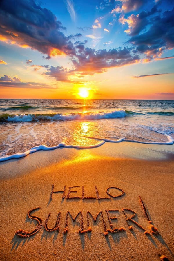 A Warm "Hello Summer" Message Written on the Beach Accompanied by the ...