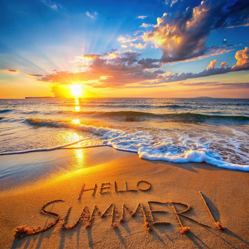 A Warm "Hello Summer" Message Written on the Beach Accompanied by the ...
