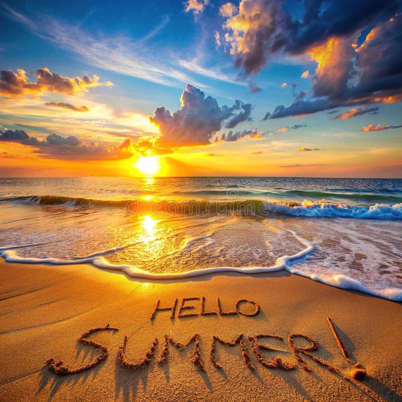 A Warm "Hello Summer" Message Written on the Beach Accompanied by the ...