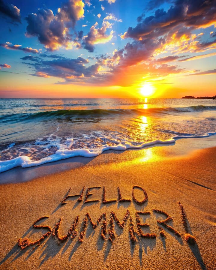 A Warm "Hello Summer" Message Written on the Beach Accompanied by the ...