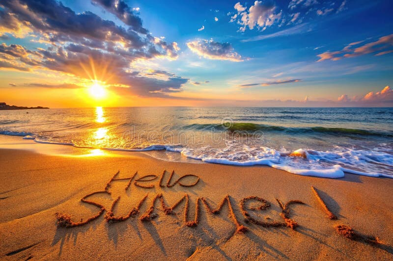 A Warm "Hello Summer" Message Written on the Beach Accompanied by the ...