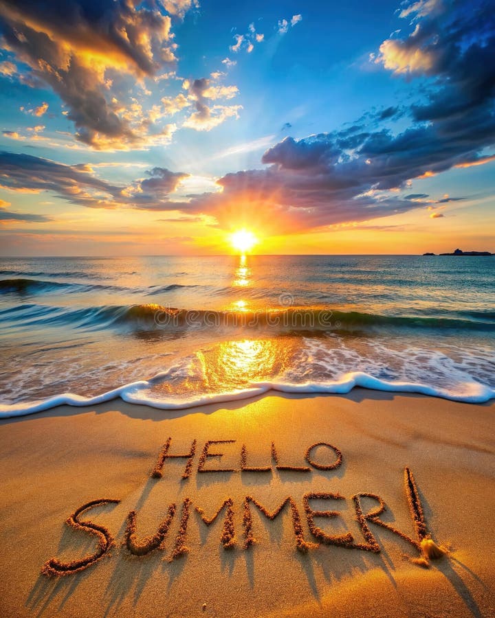 A Warm "Hello Summer" Message Written on the Beach Accompanied by the ...