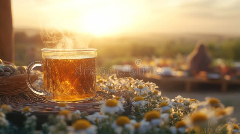 Warm Herbal Tea Sunset Daisies Peaceful Scene Stock Illustration ...