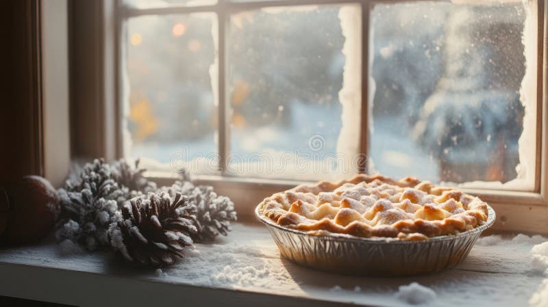 Warm Holiday Pie Cooling on a Windowsill Dusted with Snow Stock ...