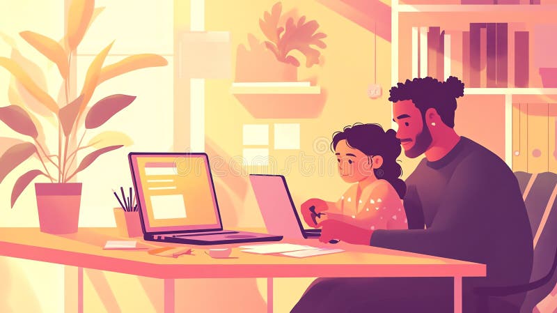 Warm Home Office Illustration: Father and Daughter Working on Laptops Stock Image - Image of ...