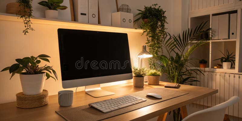 Warm Home Office Setup with PC, Plants and Cozy Lighting, Workspace ...