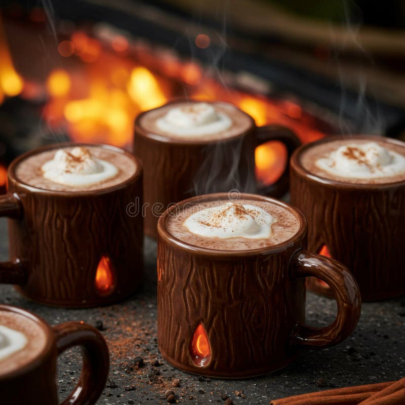 Warm Hot Chocolate in Rustic Mugs by Campfire Stock Illustration ...