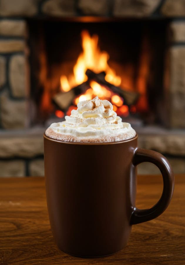 Warm Hot Chocolate with Whipped Cream by Fireplace Stock Image - Image ...