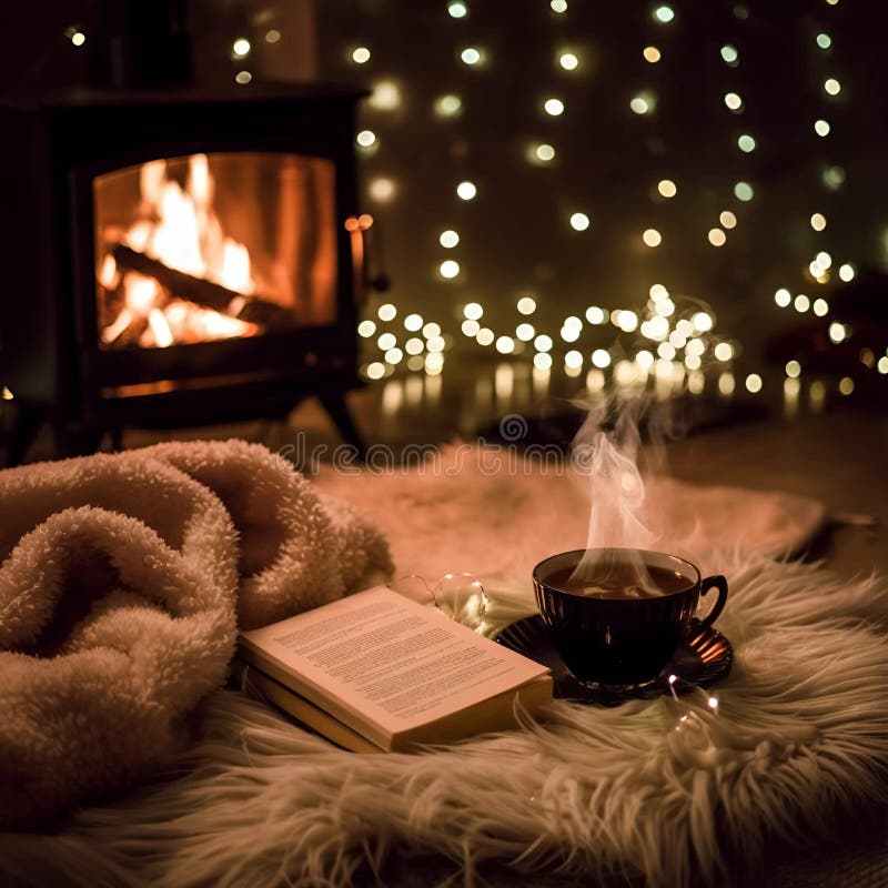 Warm Interior with a Glowing Fireplace. a Fluffy Rug Hosts a Blanket, a ...