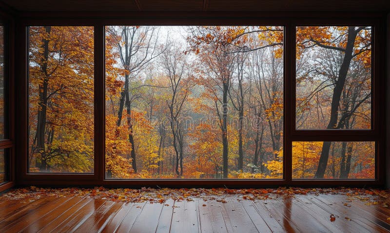 Warm Interior, Panoramic Window, Overlooking Rainy Autumn Landscape ...