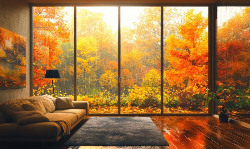 Warm Interior, Panoramic Window, Overlooking Rainy Autumn Landscape ...