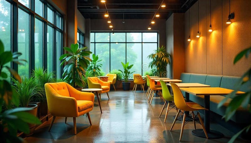 Warm Cafe Interior with Plants and Rainy Window View Stock Photo ...