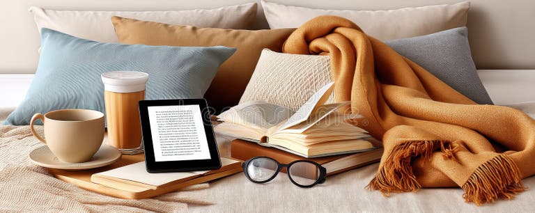 Cozy Reading Setup with E-reader, Open Book, and Warm Blanket on Bed ...