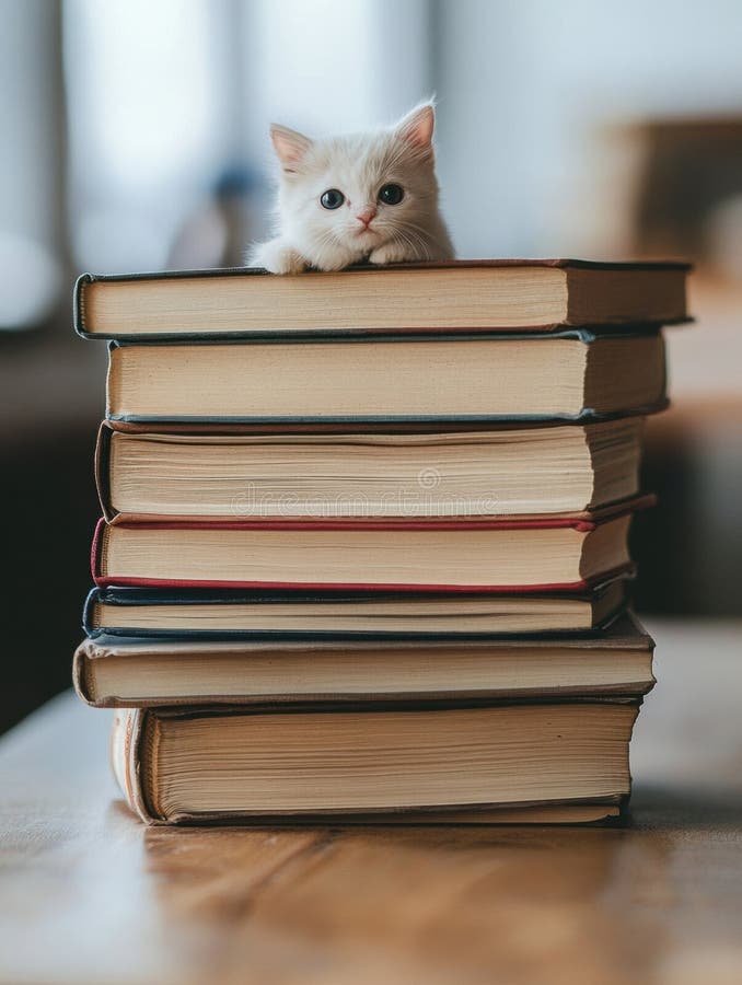 Stack of Books with Playful Animals Peeking Out in a Cozy Reading Nook ...