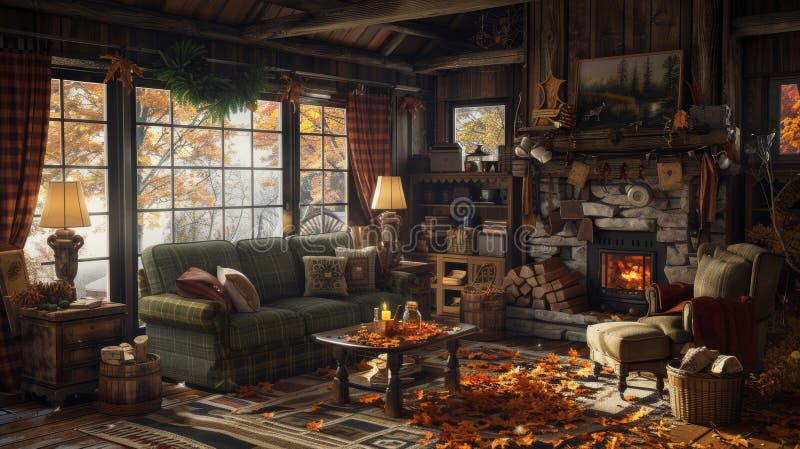 Warm and Inviting Autumn Cabin Interior with Rustic Furniture ...
