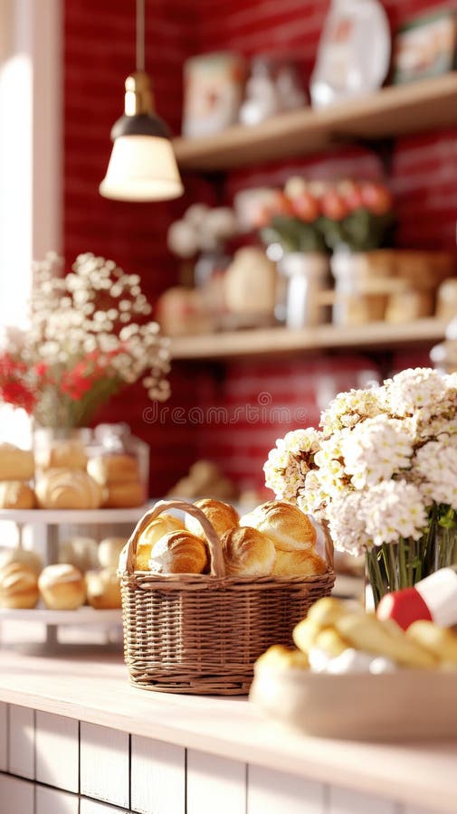 Cozy Bakery with Fresh Bread and Flowers on a Wooden Counter, AI Stock ...
