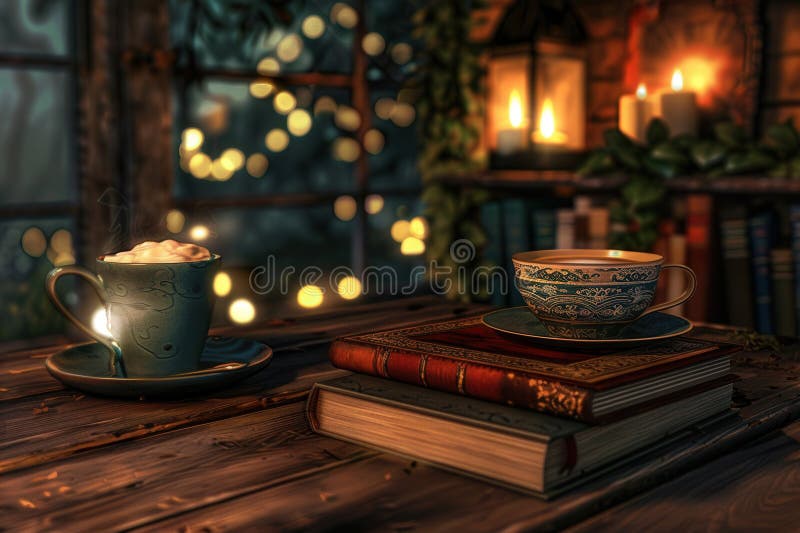 A Warm and Inviting Book Cafe Features Two Coffee Cups beside Stacked ...