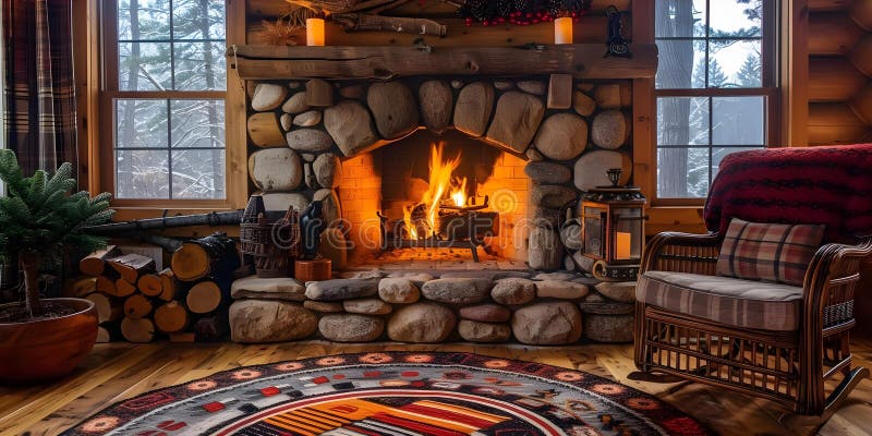 Warm and Inviting Cabin Interior with a Classic Stone Fireplace and ...