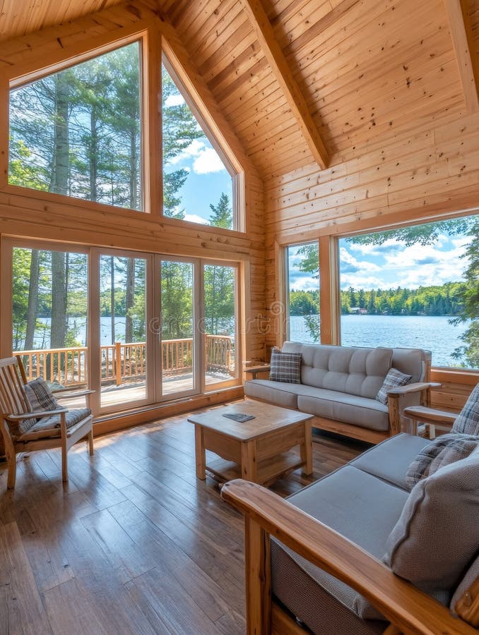 Modern Wooden Cabin Lake Large Windows Forest View Stock Photos - Free ...