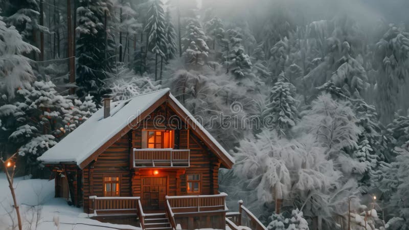 A Warm, Inviting Cabin with Lit Windows Sits in a Snowy Mountain Forest ...
