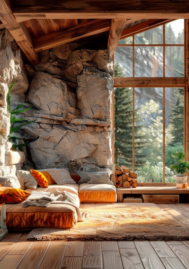 A Log Cabin-style Home with a Rustic Facade, a Stone Chimney, and a ...