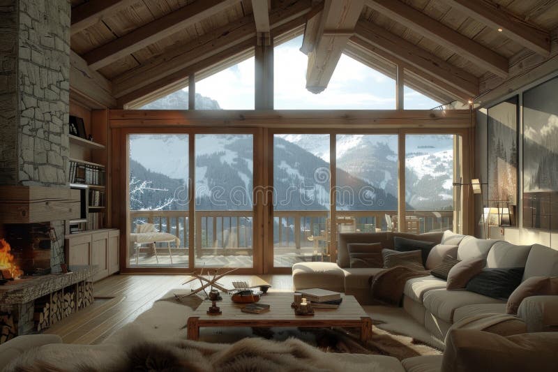 Cozy Mountain Chalet Interior with Fireplace Enjoying Breathtaking ...