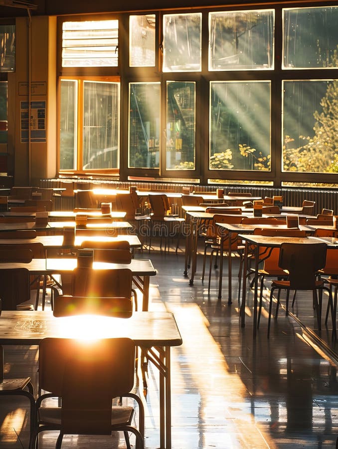 A Warm and Inviting Classroom Interior, with Desks and Chairs Bathed in ...