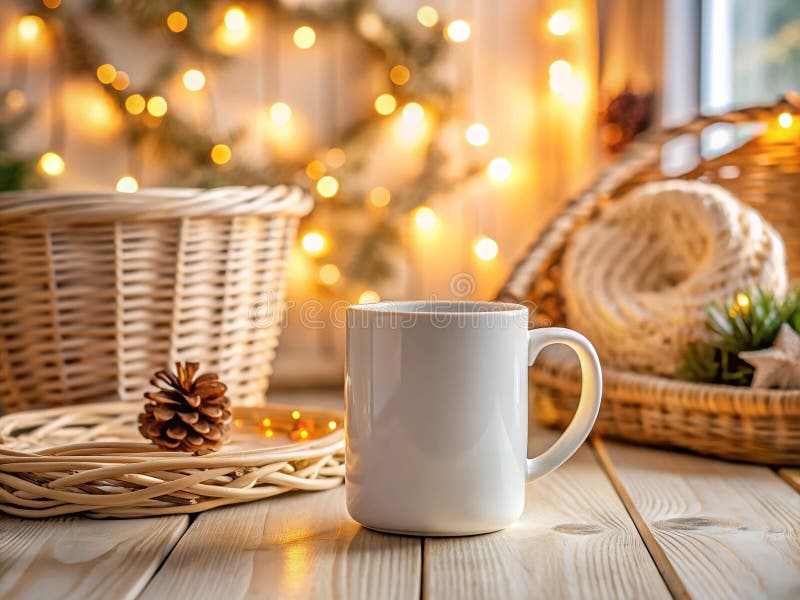Warm and Inviting Coffee Mug Mockup White Ceramic Mug on Rustic Wicker ...