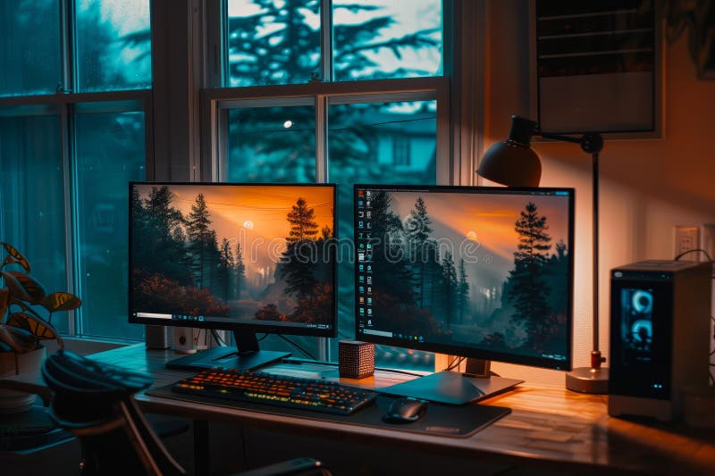 Cozy Twilight Computer Workspace with Dual Monitors Stock Photo - Image ...