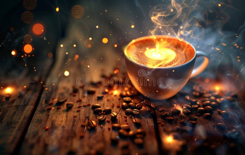 A Warm, Inviting Cup of Coffee Emits Steam on a Rustic Wooden Table ...