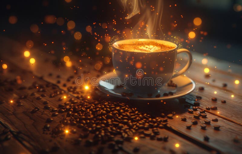 A Warm, Inviting Cup of Coffee Emits Steam on a Rustic Wooden Table ...