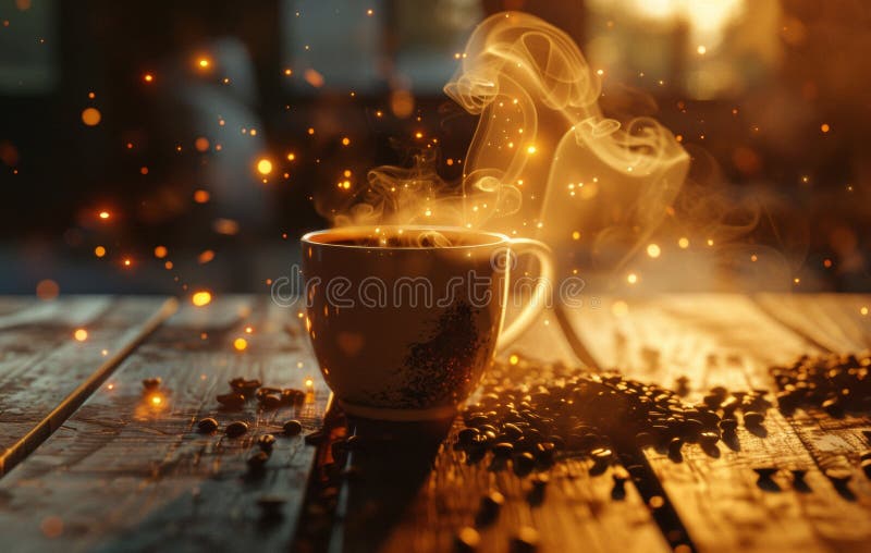 A Warm, Inviting Cup of Coffee Emits Steam on a Rustic Wooden Table ...