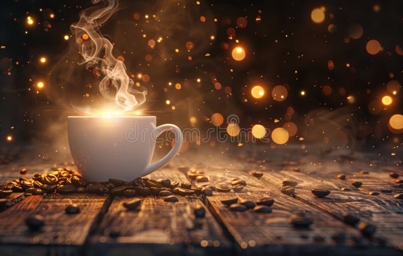 A Warm, Inviting Cup of Coffee Emits Steam on a Rustic Wooden Table ...